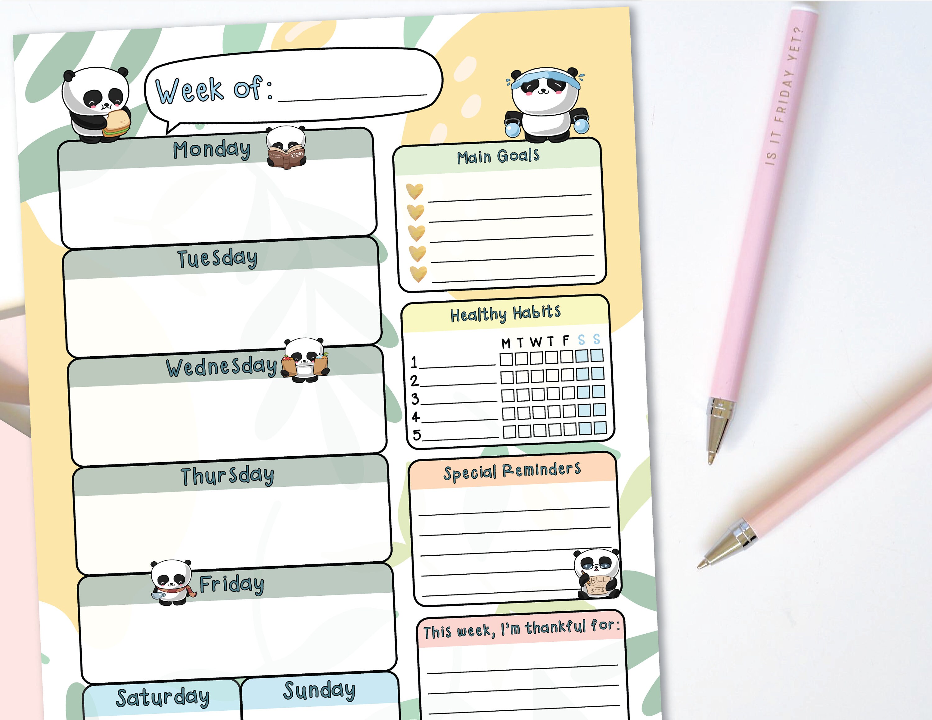 Cute Lemon Pandas Weekly Calendar Printable Non-editable PDF - Etsy