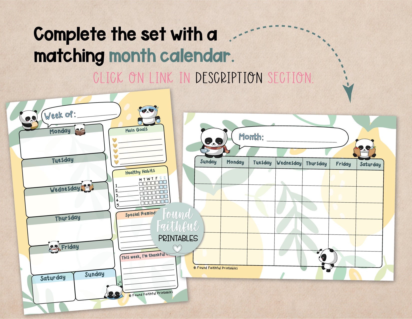 Cute Lemon Pandas Weekly Calendar Printable Non-editable PDF - Etsy
