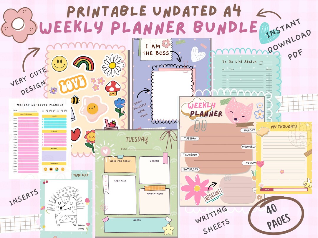 Printable Undated New Cute Weekly Planner Bundle, Weekly Planner ...