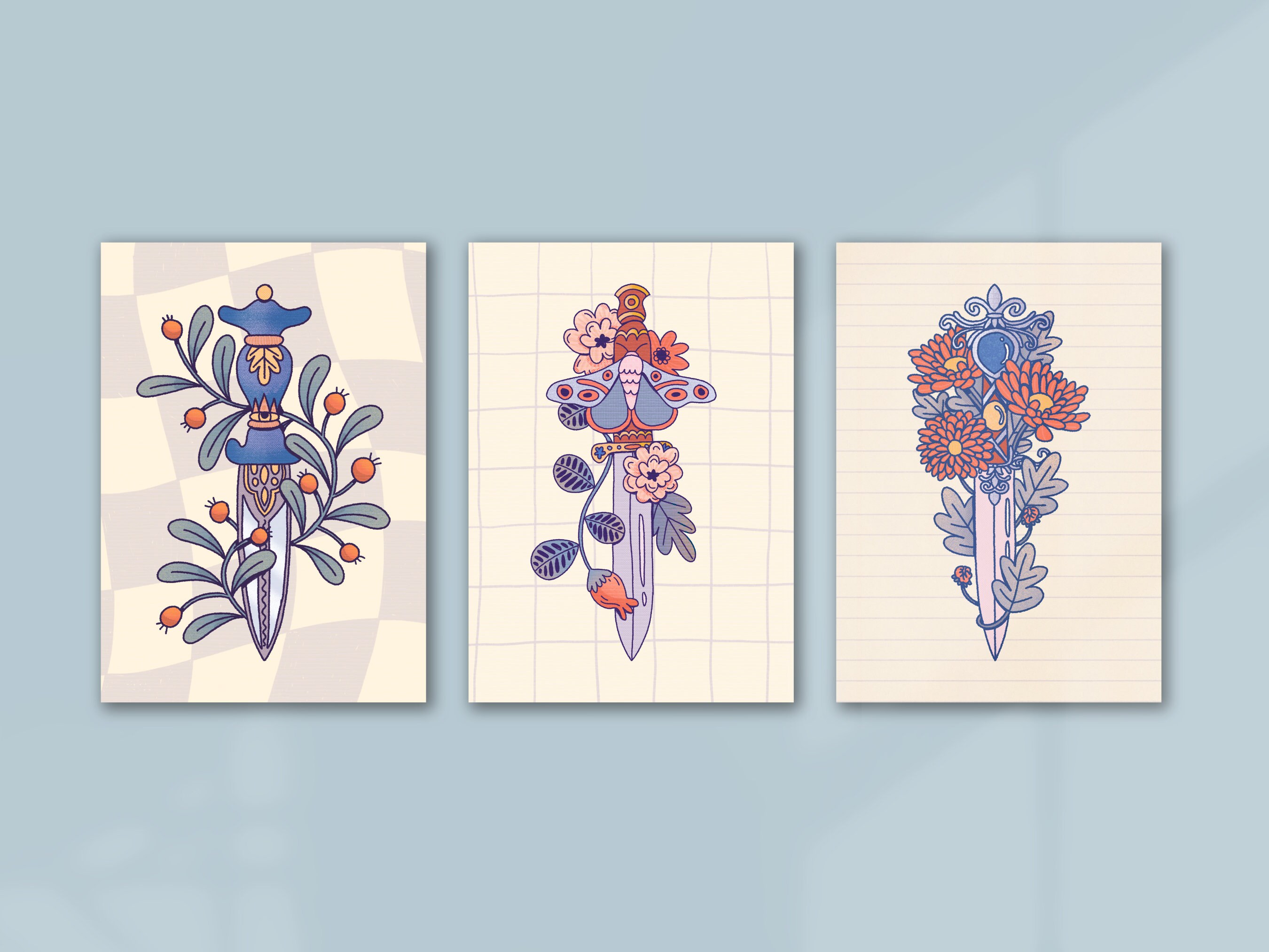 Triple Dagger Art Prints / A4 / A5 / Knife Illustration / - Etsy