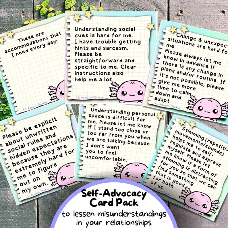 Axolotl Autism Self-advocacy Communication Cards, Neurodivergent ...