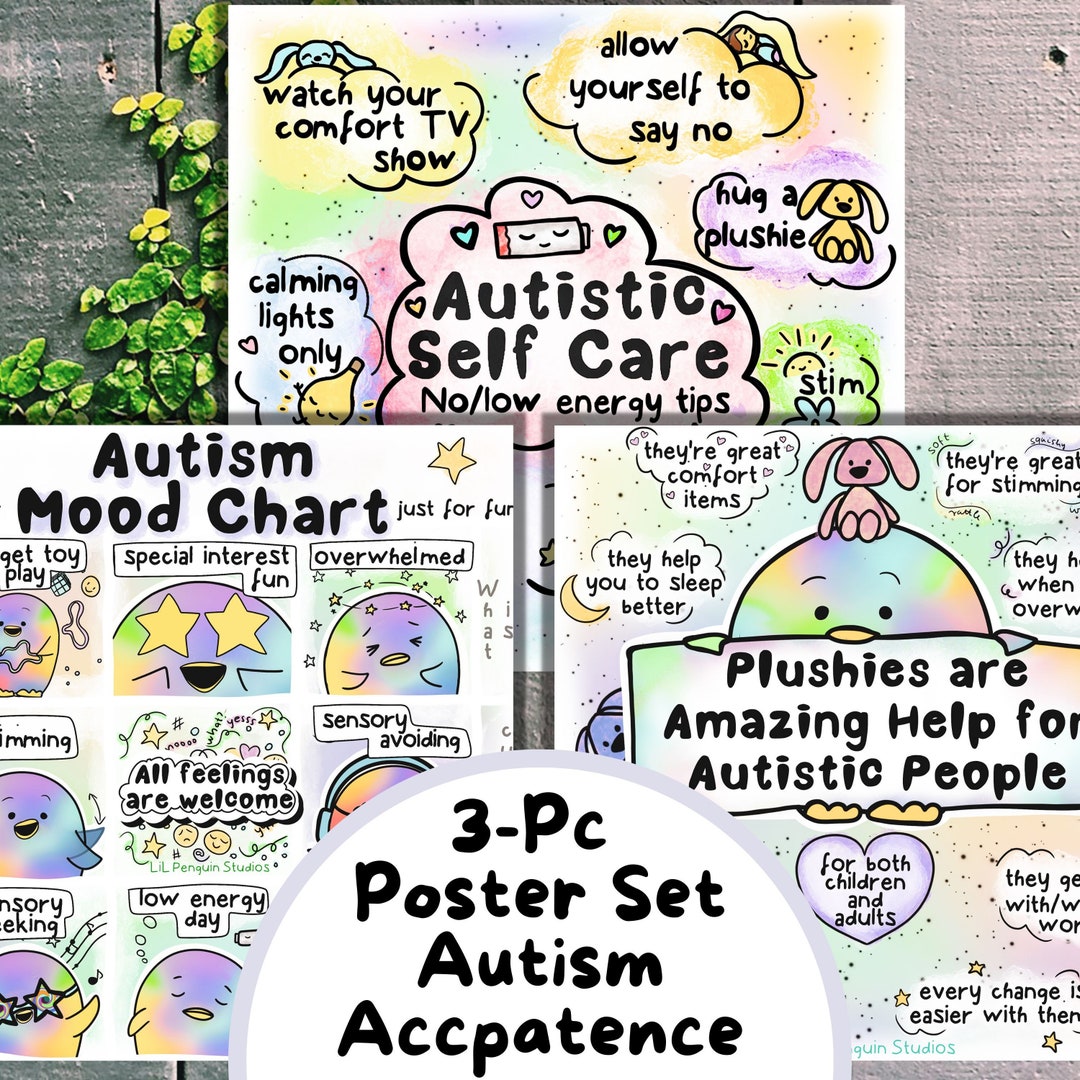 Digital Autism Print Set, Self Care/ Plushies/ Mood Chart, Autistic ...