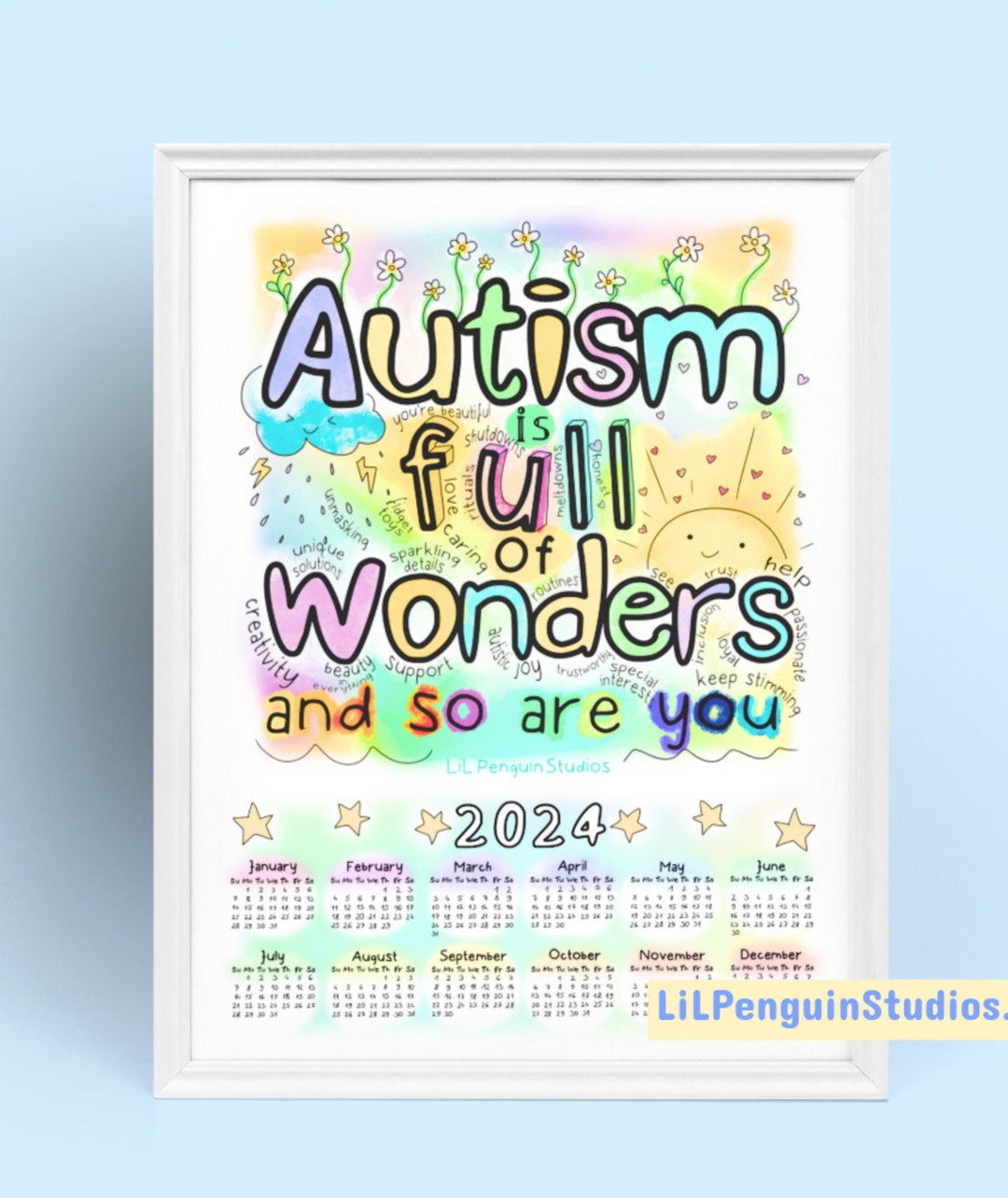 Autism Wall Calendar 2024, Printable Yearly Calendar, Neurodiversity ...