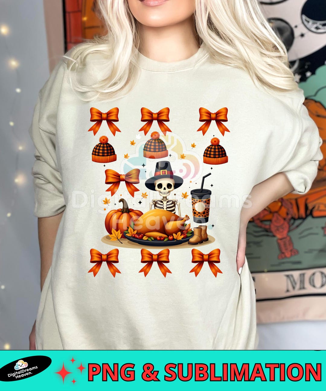 Thanksgiving Skeleton PNG File, Festive Skeleton With Turkey and Autumn ...