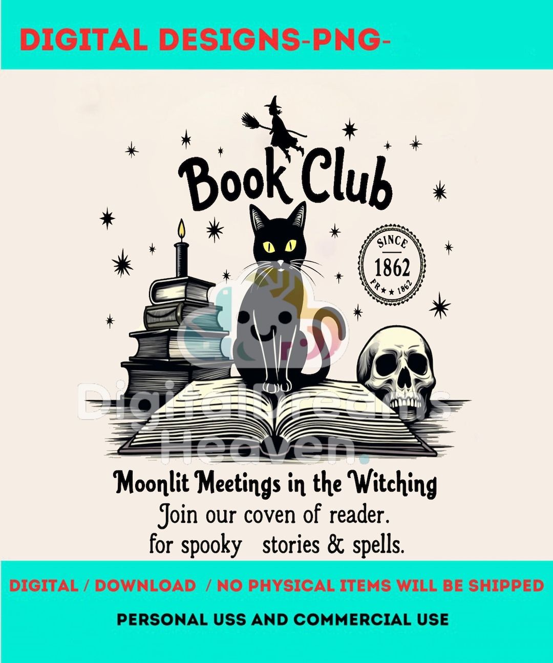 Spooky Black Cat Book Club PNG, Bookish Halloween PNG, Witches Spooky ...