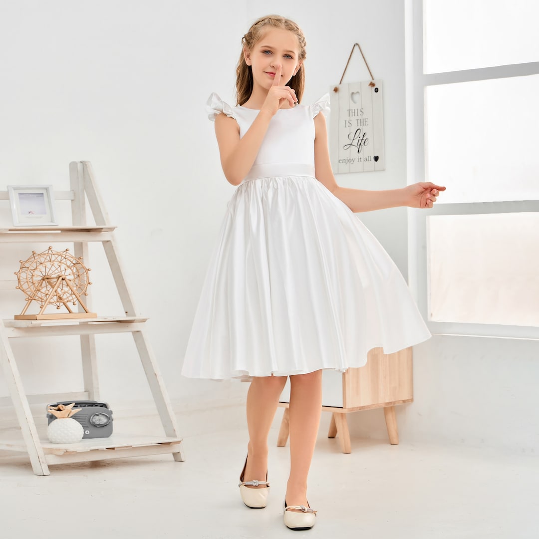 Ivory Scoop Satin Flower Girl Dress Knee Length Girls Dress Pearl Dress ...