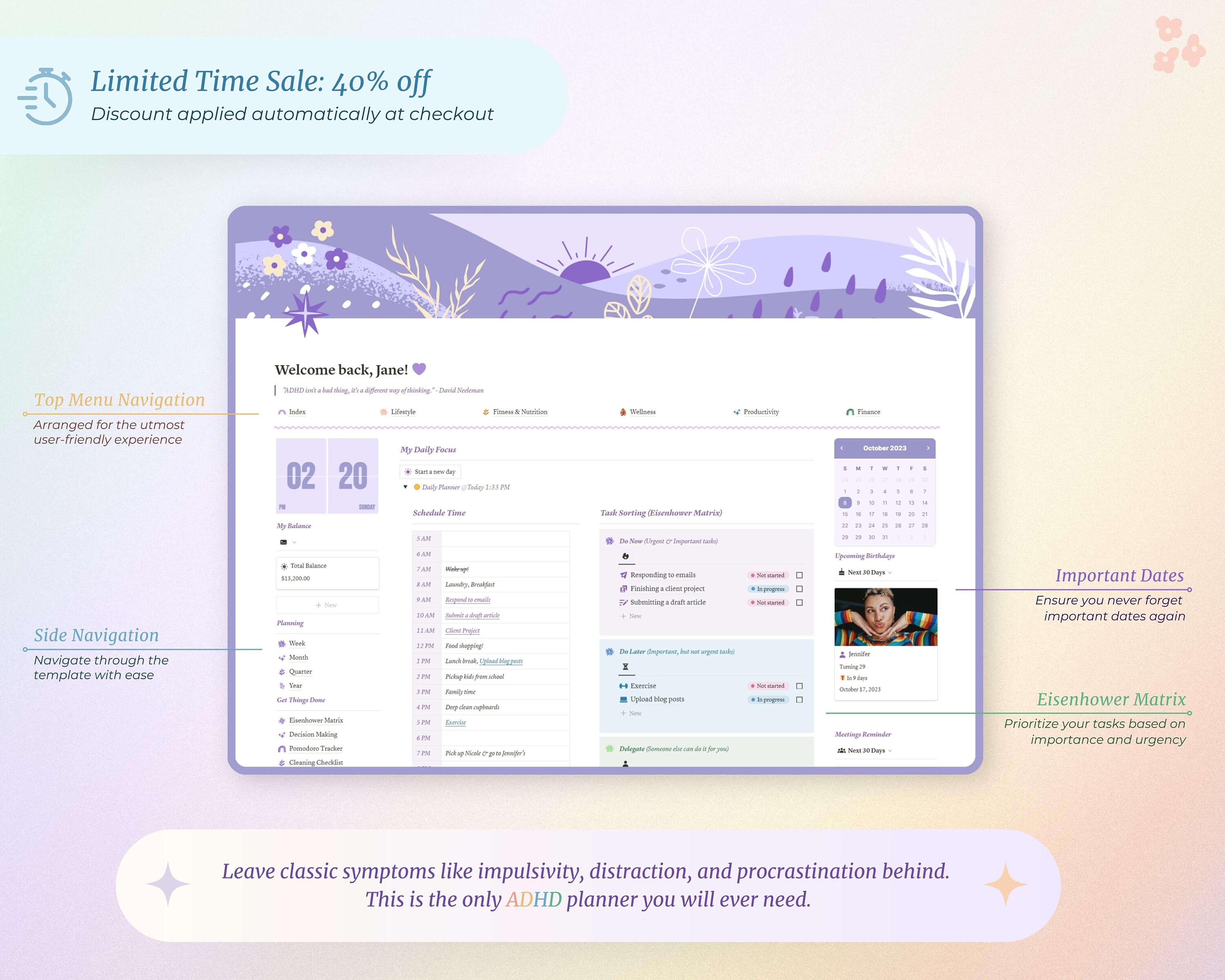 ADHD Notion Life Planner ADHD Notion Template, ADHD Notion, Notion Dashboard, All in one Notion ...