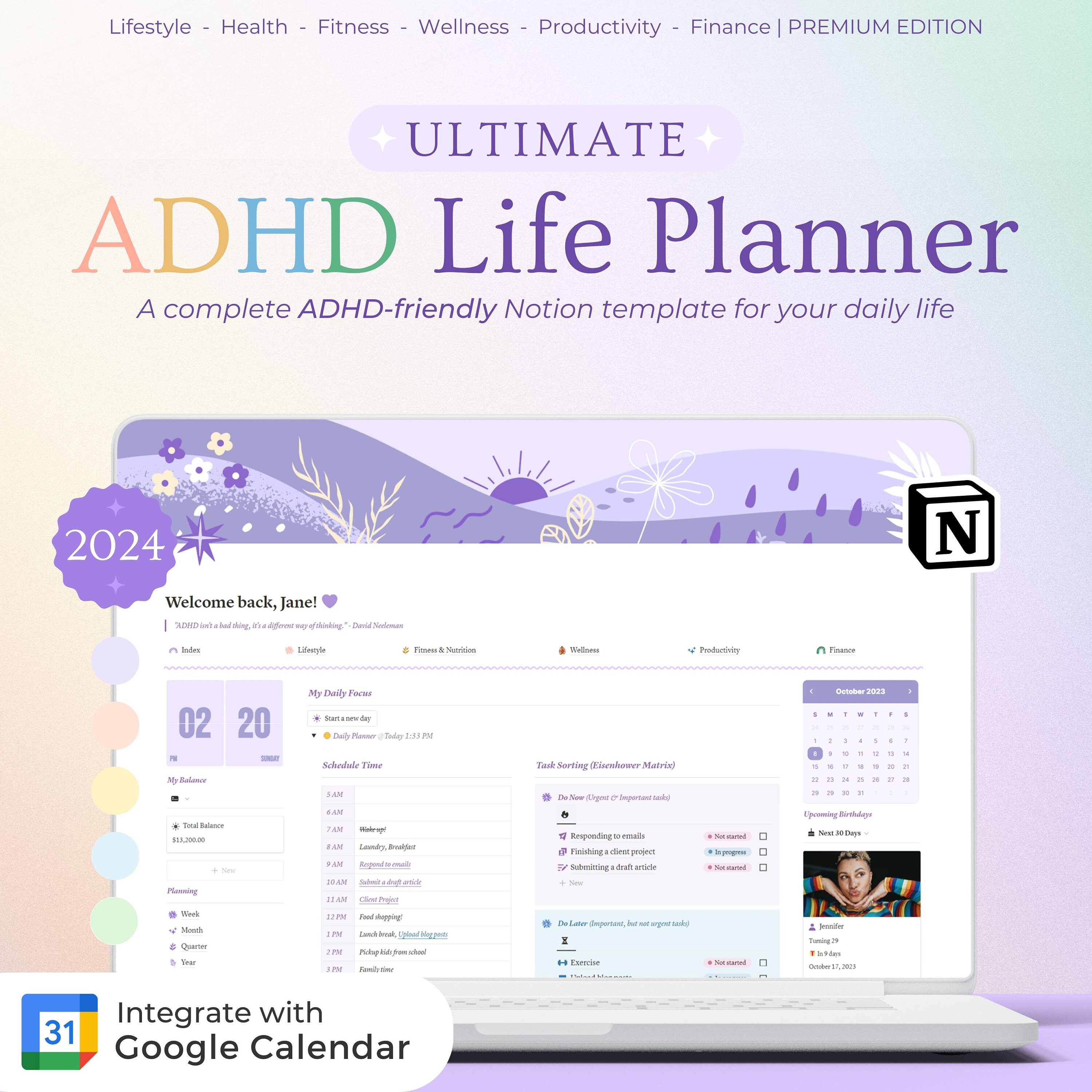 ADHD Notion Life Planner ADHD Notion Template, ADHD Notion, Notion Dashboard, All in one Notion ...
