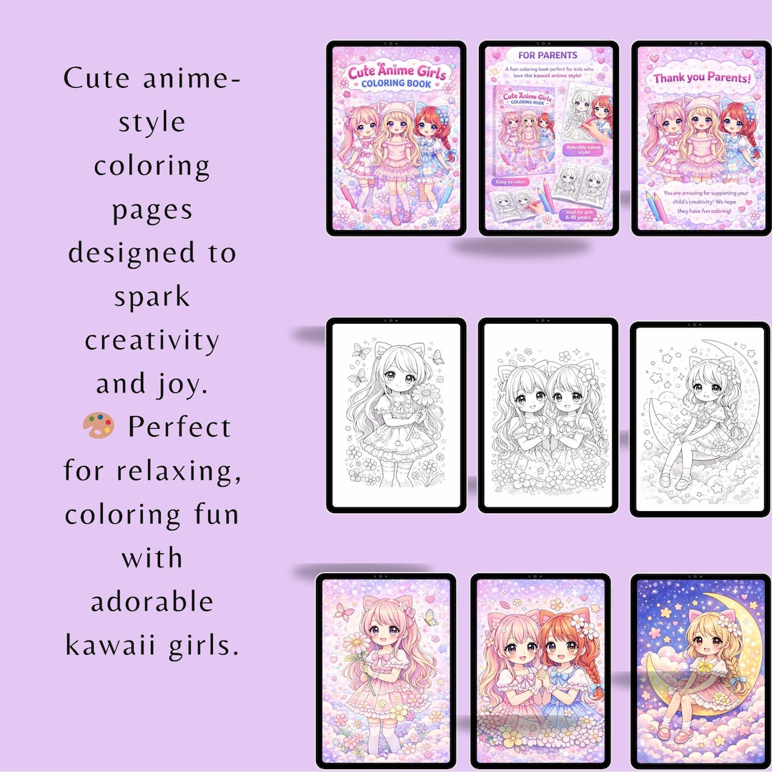 Anime Girls Coloring Book for Kids, Kawaii Coloring Pages Printable PDF ...