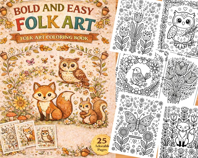 Folk Art Coloring Book, Woodland Animals, Easy Bold Lines, 23 Pages ...