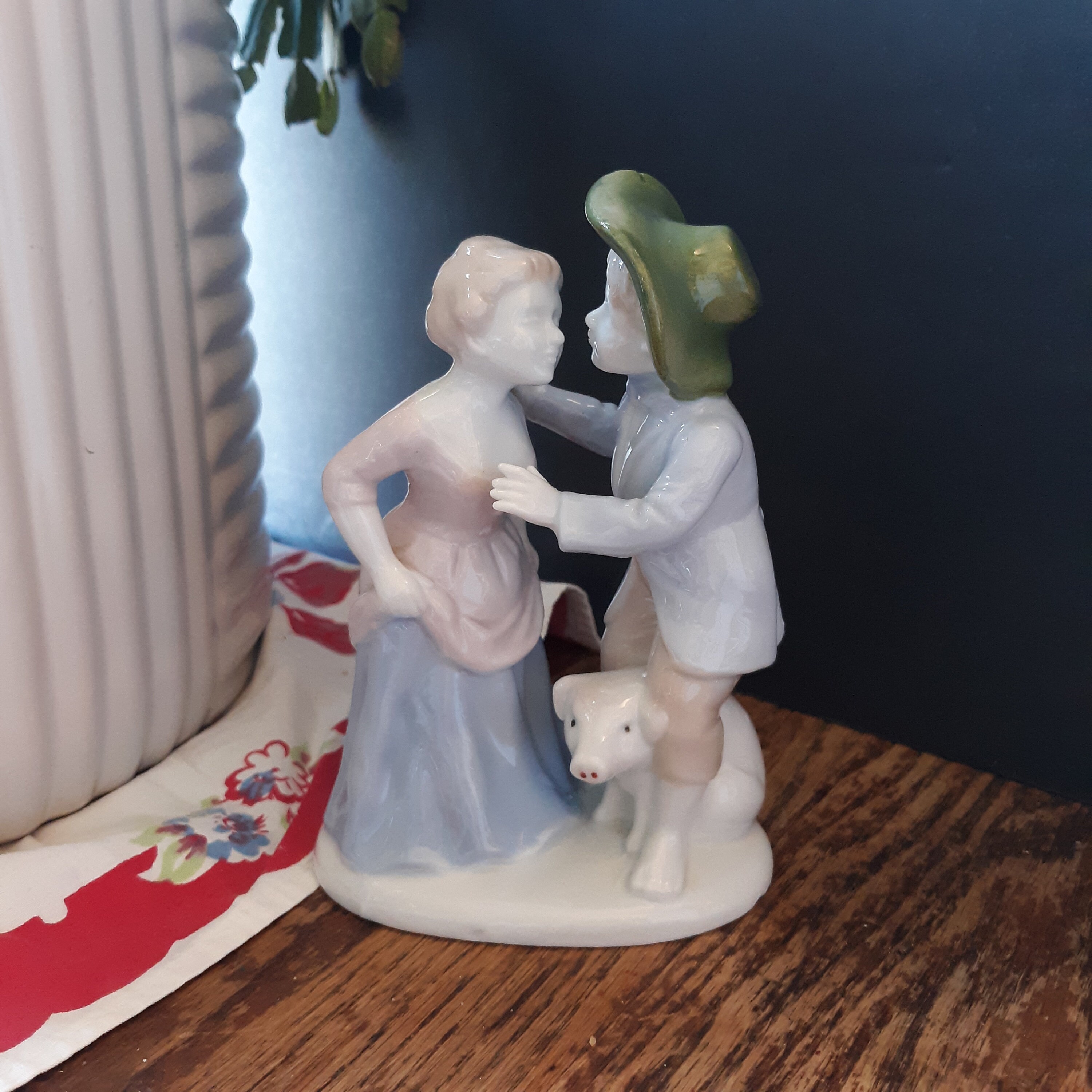 Vintage Fine Porcelain Ware Figurine of Boy and Girl and a Little Pig ...