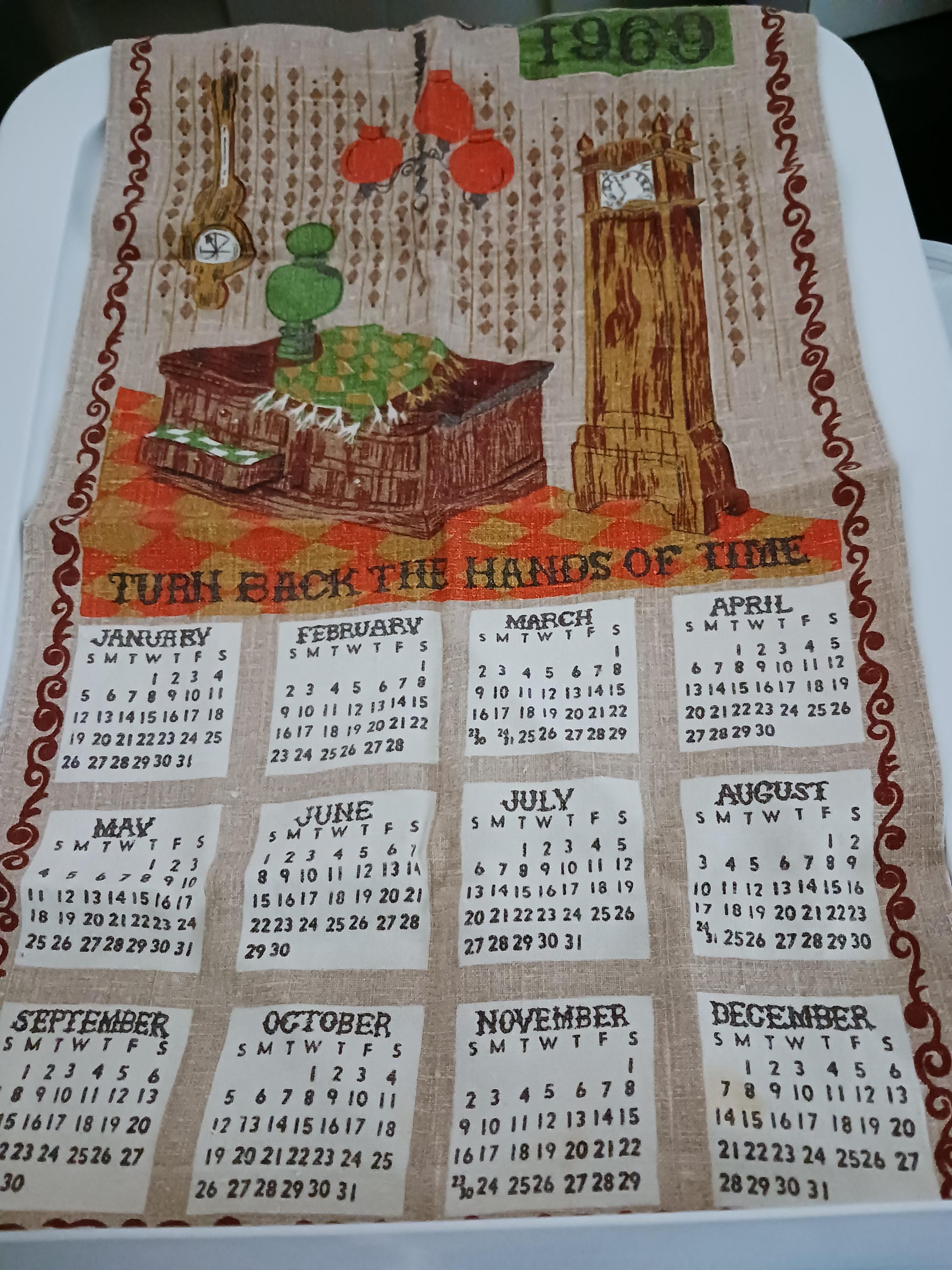 1969 Vintage Linen Calendar With Green and Orange Vintage Home Designs ...