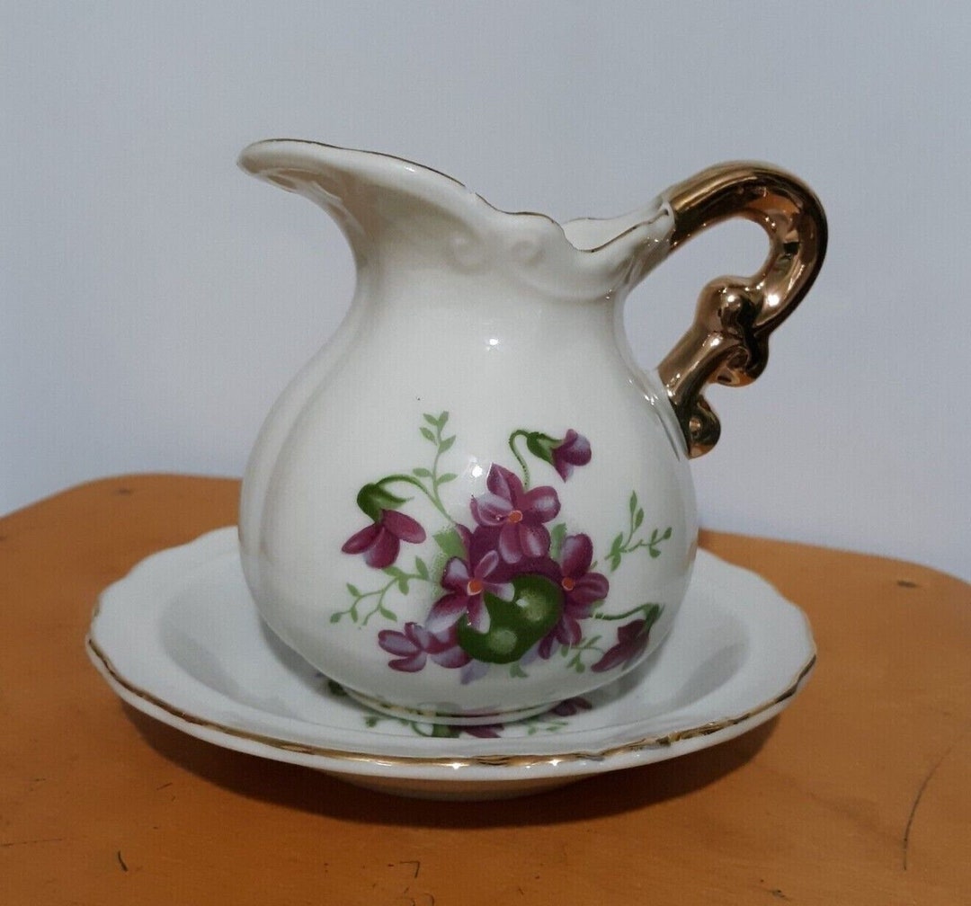 Vintage Porcelain Pitcher and Bowl Featuring Violets and Gold Trim ...