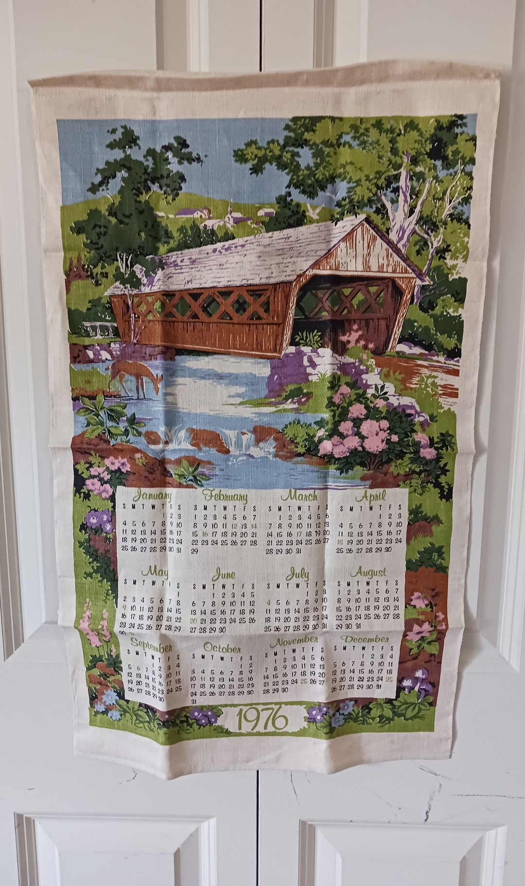 1976 Vintage Linen Calendar Covered Bridge in Springtime 16"x27" - Etsy