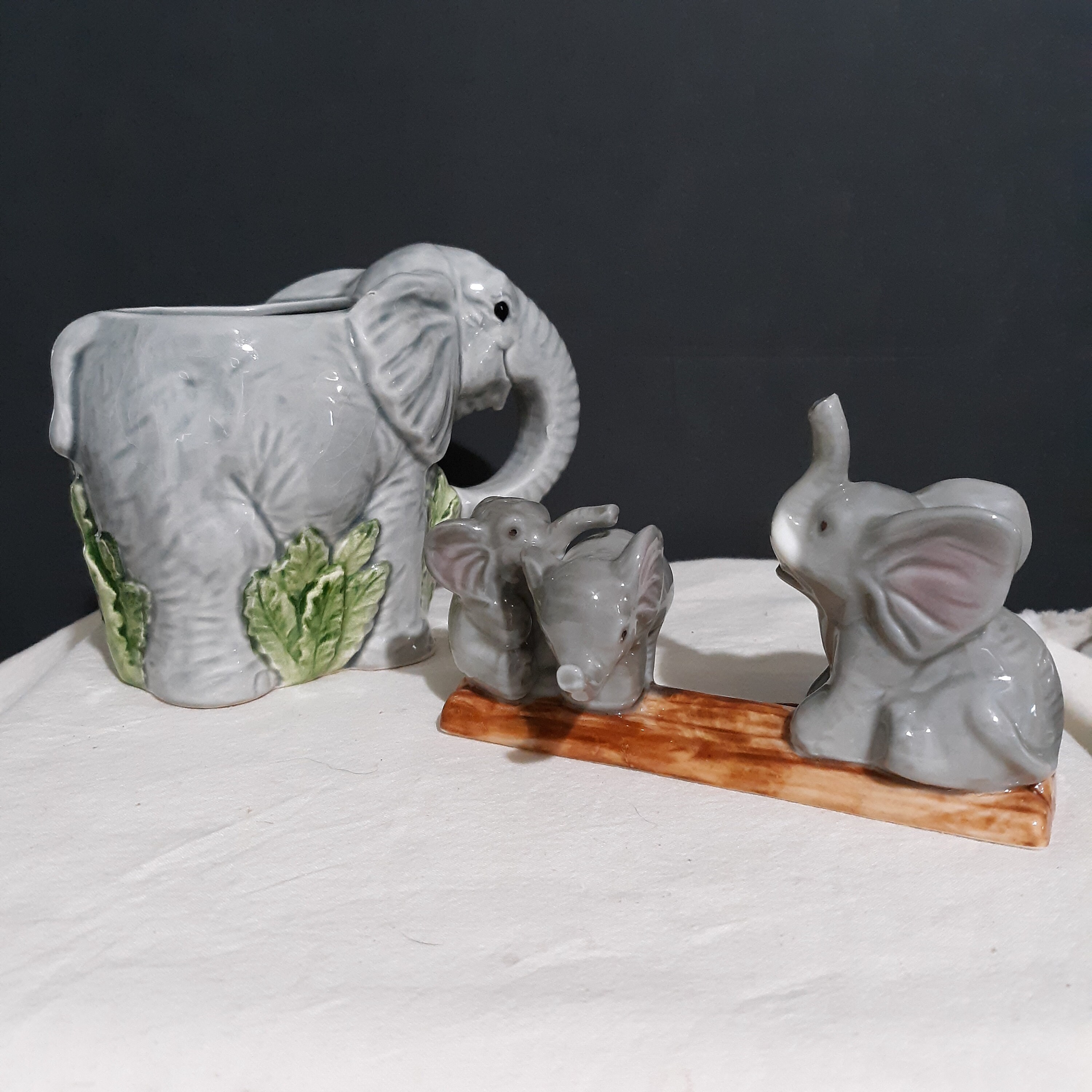 Vintage Ceramic Elephant Planter With 3 Porcelain Baby Elephants on a ...