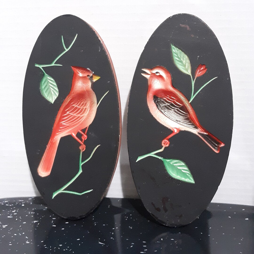 Two Oval Shaped Chalkware Wall Art Pictures of Red Birds - Etsy
