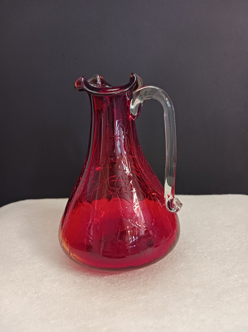 Vintage Red Crackle Glass Vase/pitcher Hand Blown 4.25" Tall - Etsy