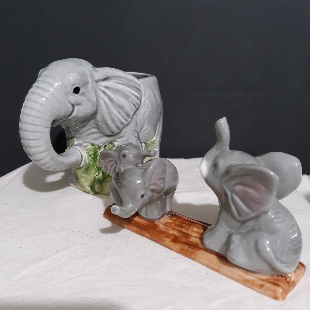 Vintage Ceramic Elephant Planter With 3 Porcelain Baby Elephants on a ...