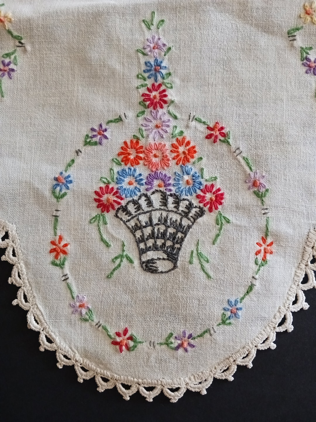 Hand Embroidered Table Linens: Floral Baskets, Vintage Decor - Etsy