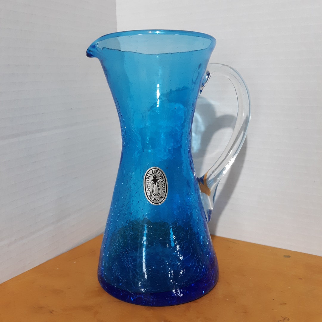 Pilgrim Blue Crackle Glass Pitcher Handblown - Etsy