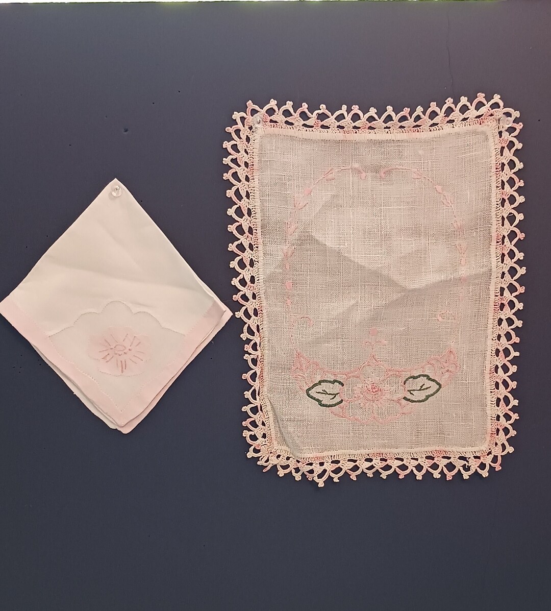 Pink Linen Handkerchief and Pink Embroidered/crocheted Linen Doily - Etsy