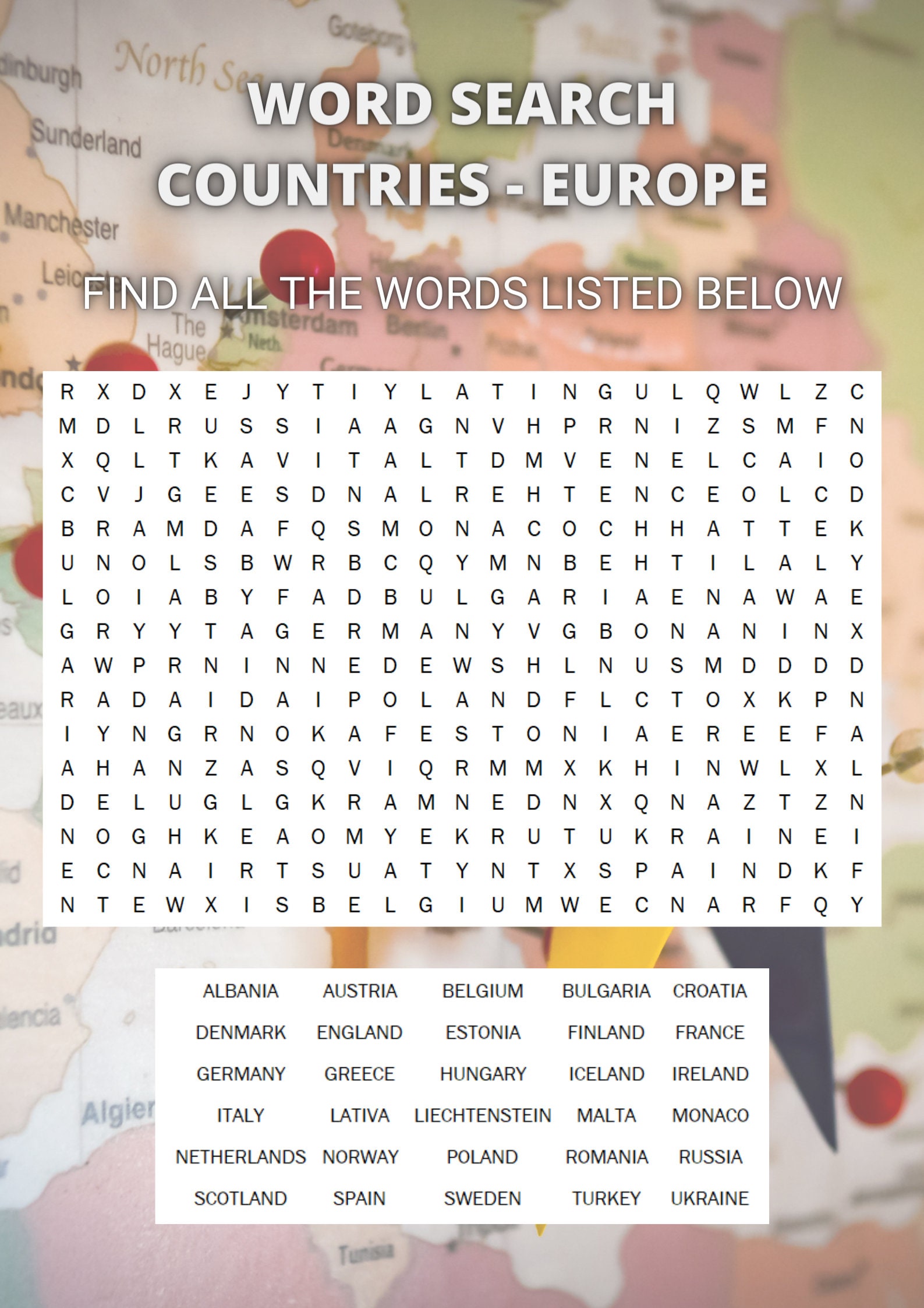 Countries Europe Word Search - Word Search - Download - Downloadable ...