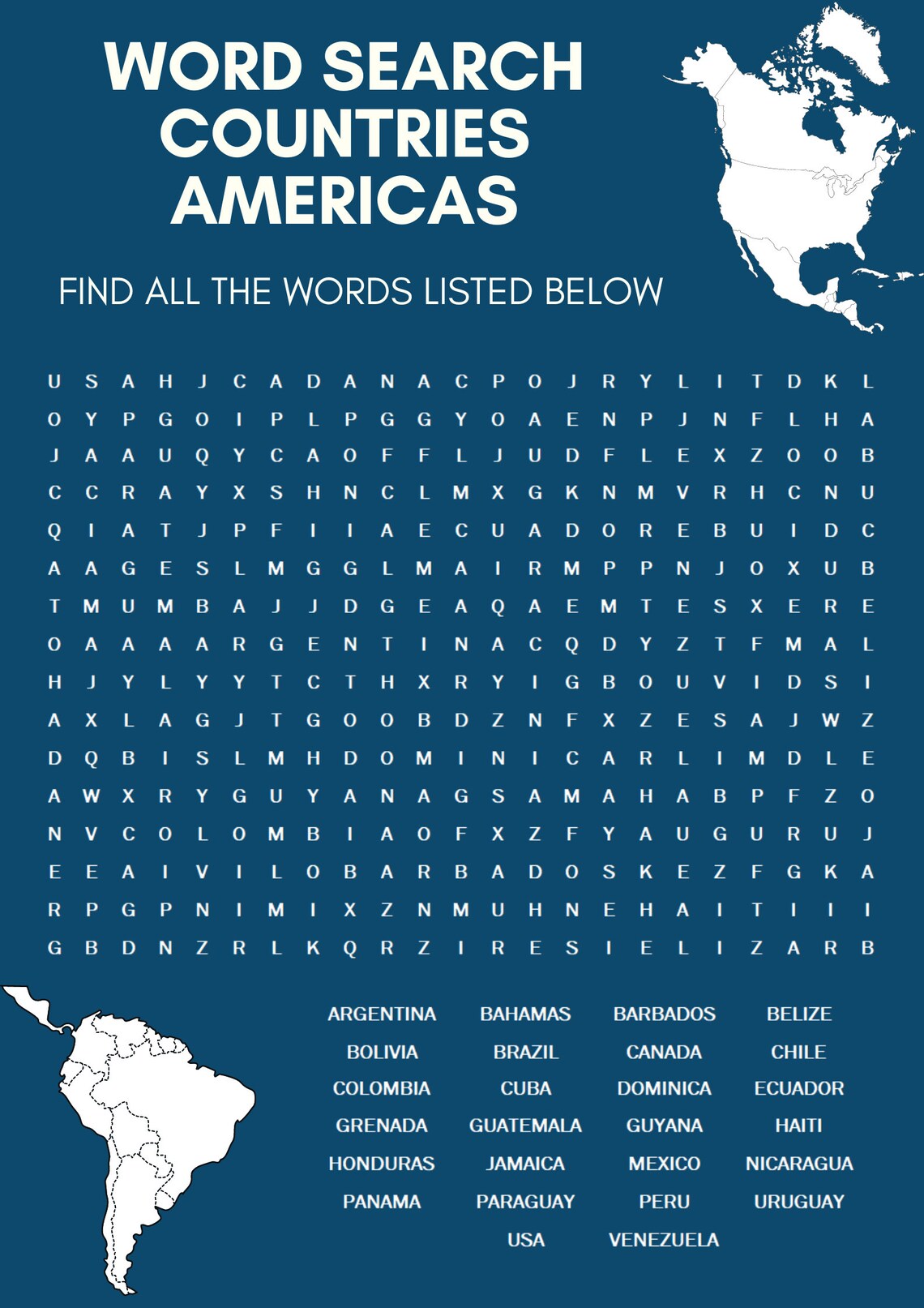 Countries Americas Word Search - Word Search - Download - Downloadable ...