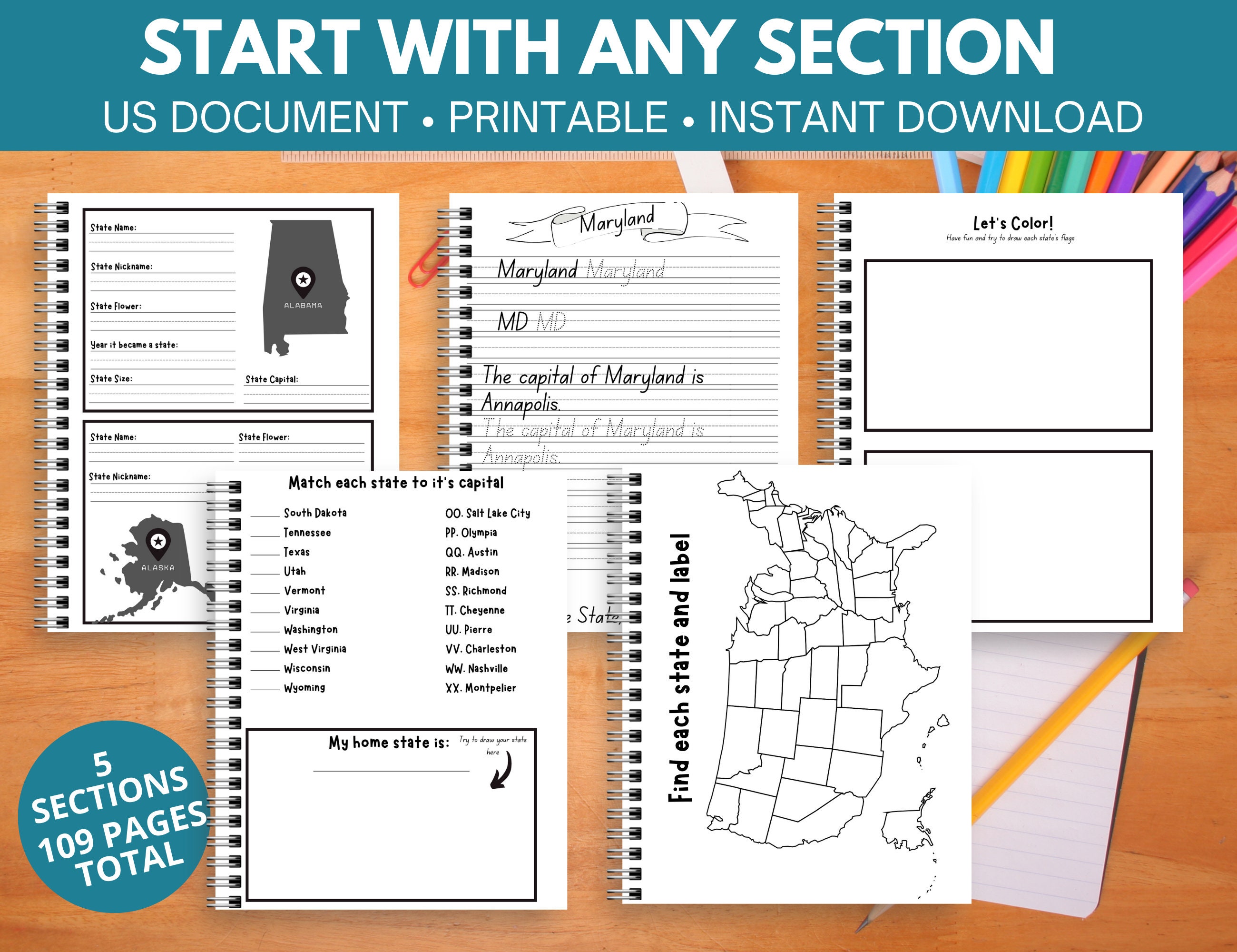 US States Copywork Bundle | Charlotte Mason | Print | States Facts ...