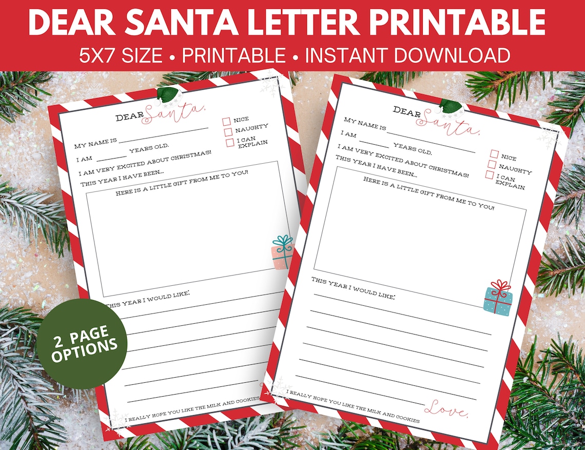 Dear Santa Letter Printable Christmas Wish List Holiday Wish List Kids ...