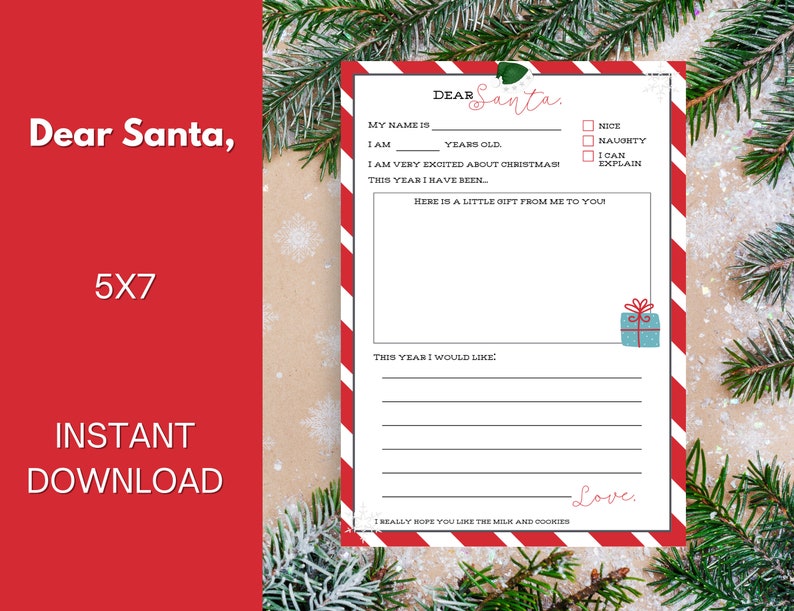 Dear Santa Letter Printable Christmas Wish List Holiday Wish List Kids ...