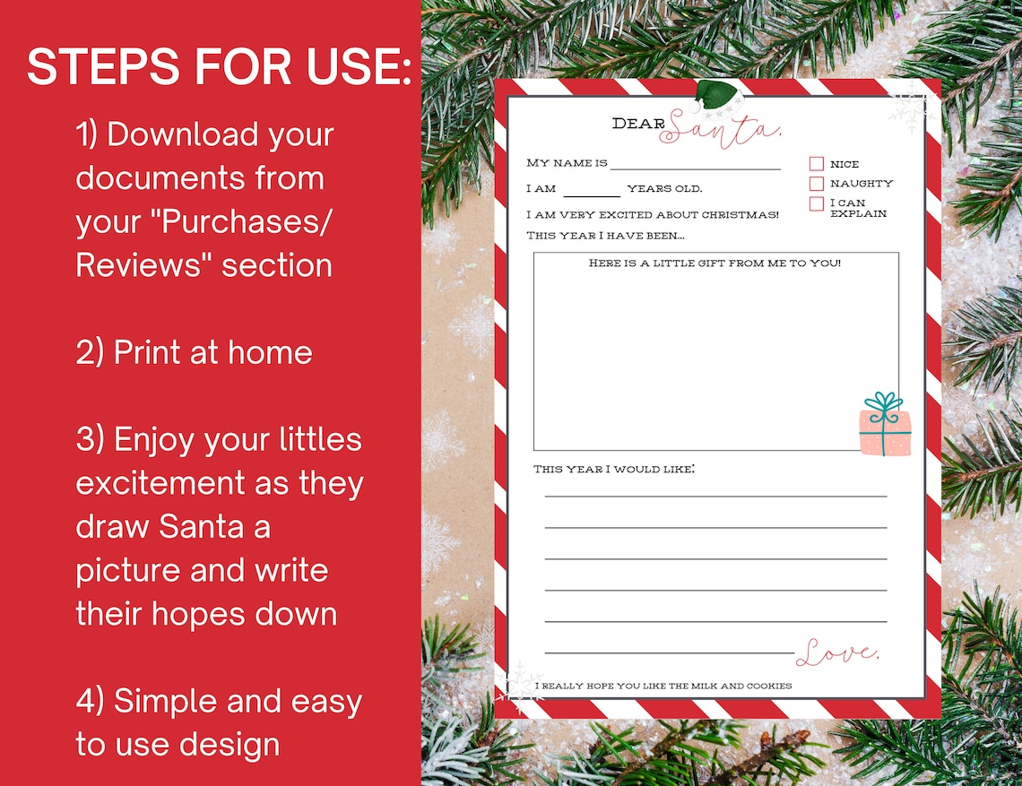 Dear Santa Letter Printable Christmas Wish List Holiday Wish List Kids ...