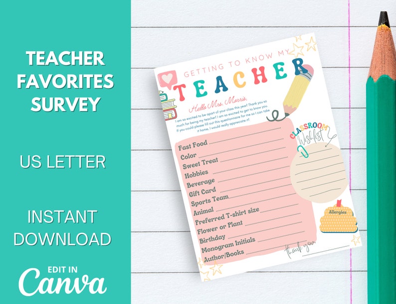 Teacher Favorites Survey | Teacher Questionnaire | Canva Editable ...