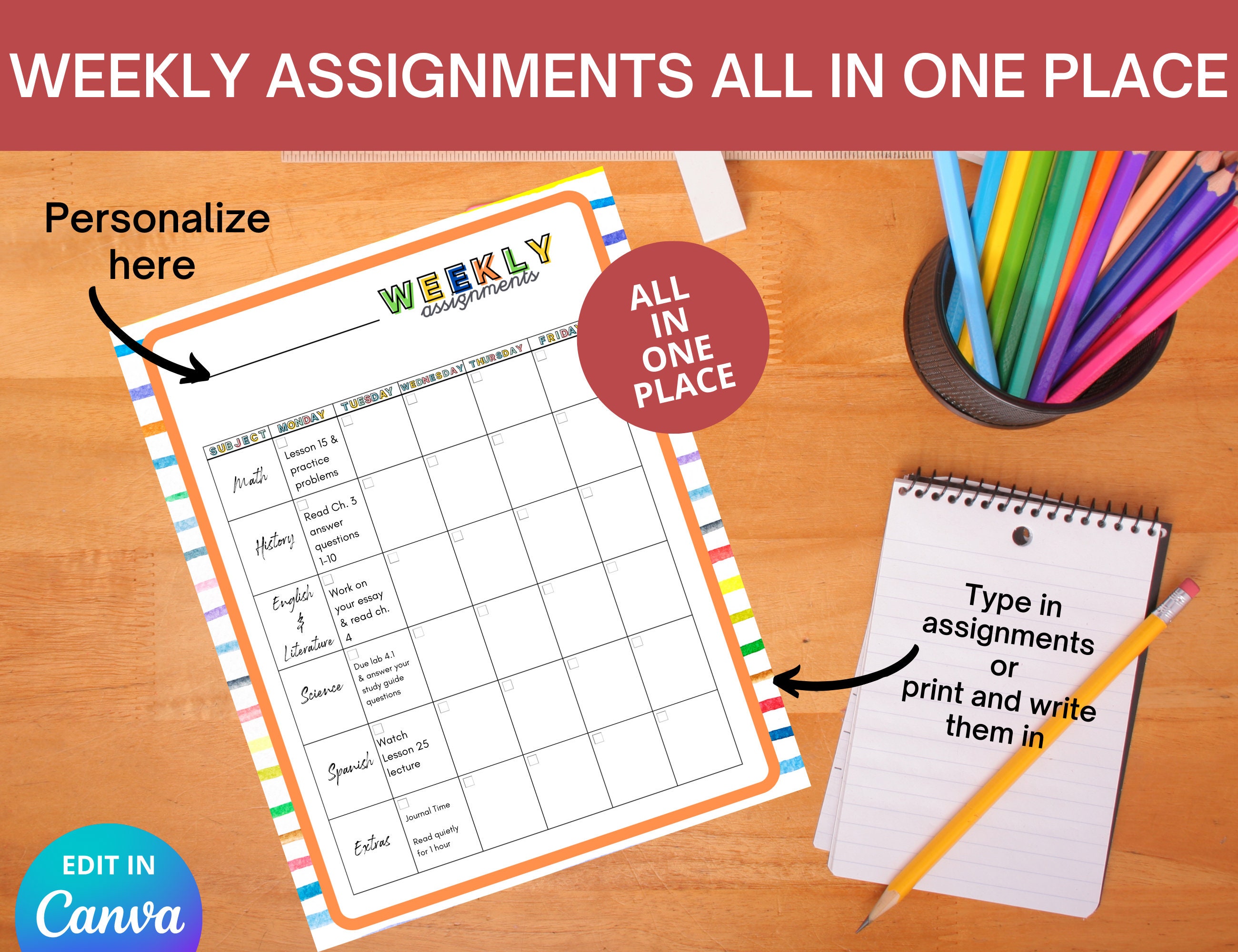Weekly Assignments Template Printable Charlotte Mason Editable Template ...