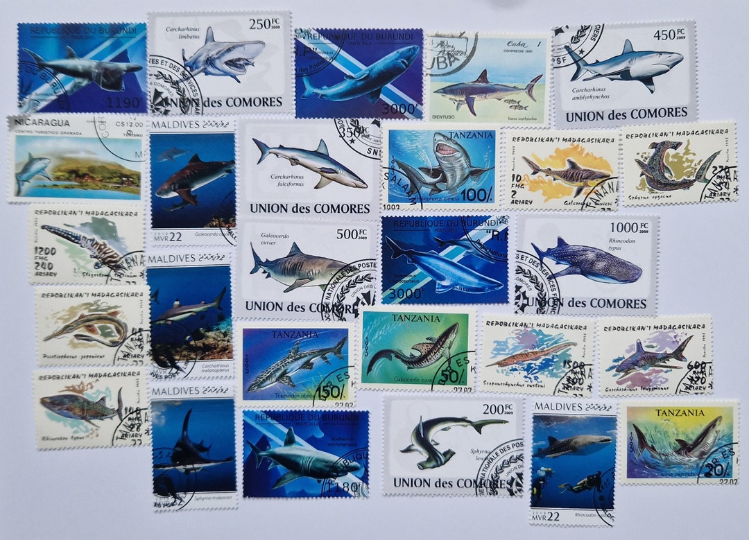 Sharks on Postage Stamps - USED & off Paper - 25 Different - for ...