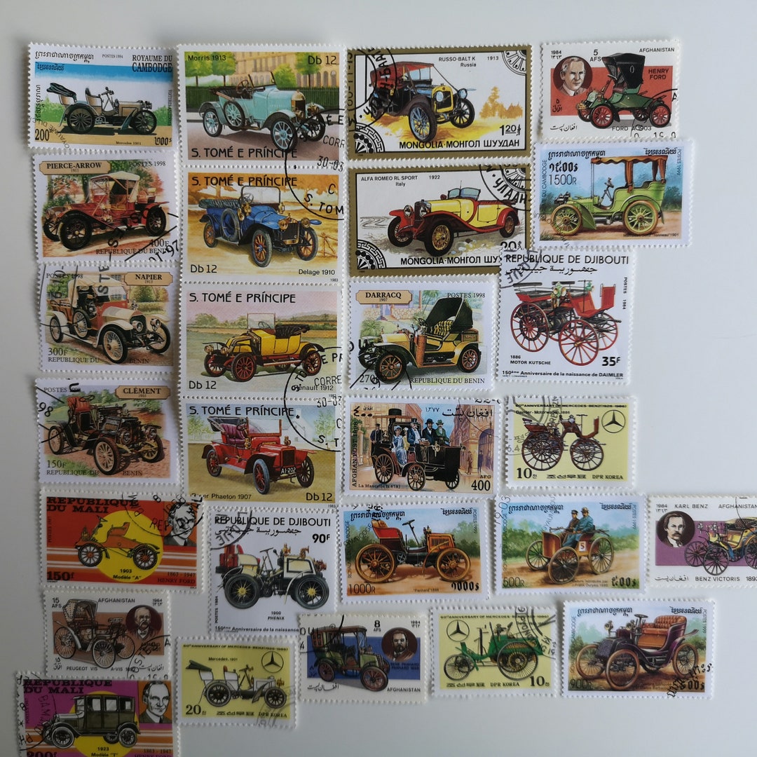 Vintage Cars on Postage Stamps - USED and off Paper - 25 to 100 ...
