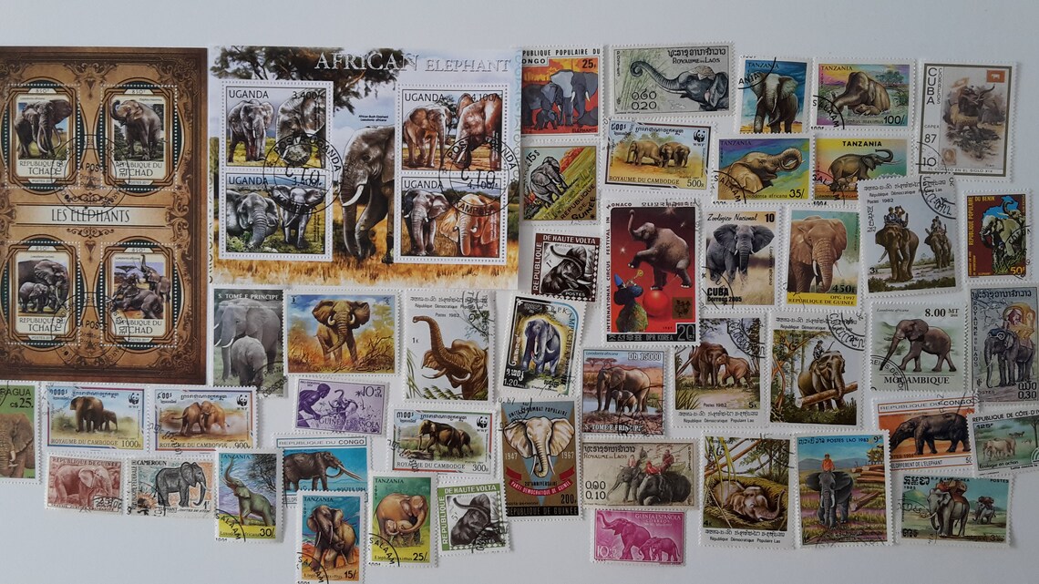Elephants on Postage Stamps - USED and off Paper - 25 to 100 Different ...