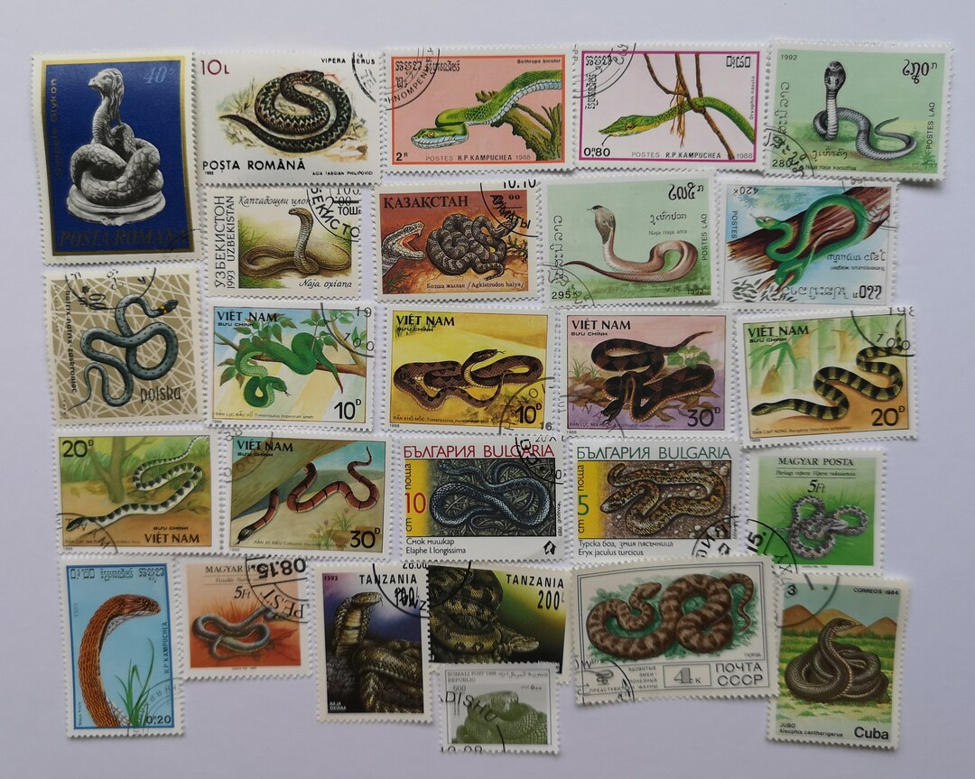 Snakes on Postage Stamps - USED & off Paper - 25 to 100 Different ...