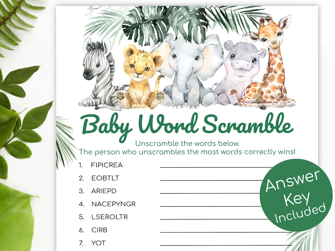 Safari Baby Shower Game Word Scramble Printable - Jungle Baby Shower ...