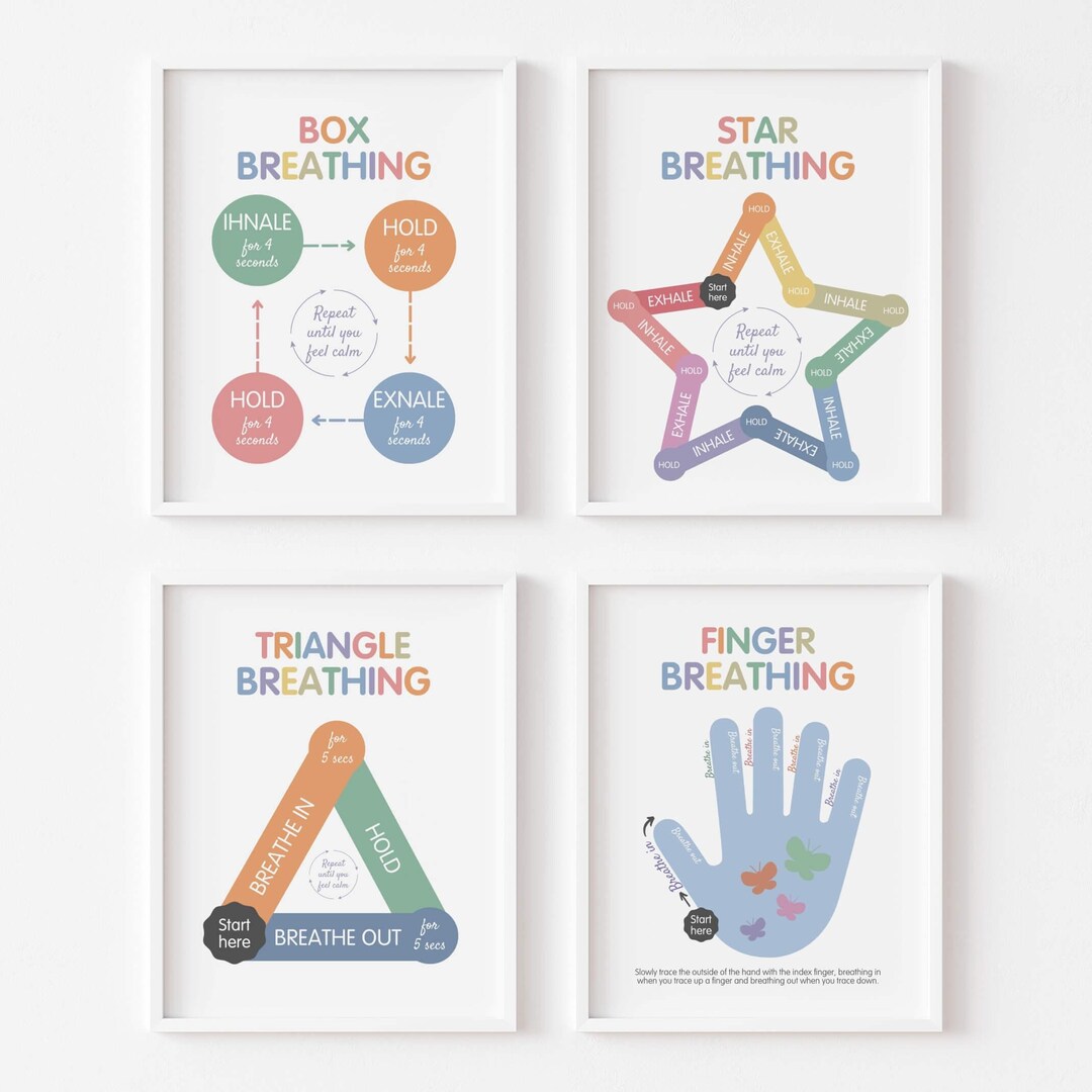 Breathing Technique Printable Poster Bundle, Set of 4 Calming Grounding ...