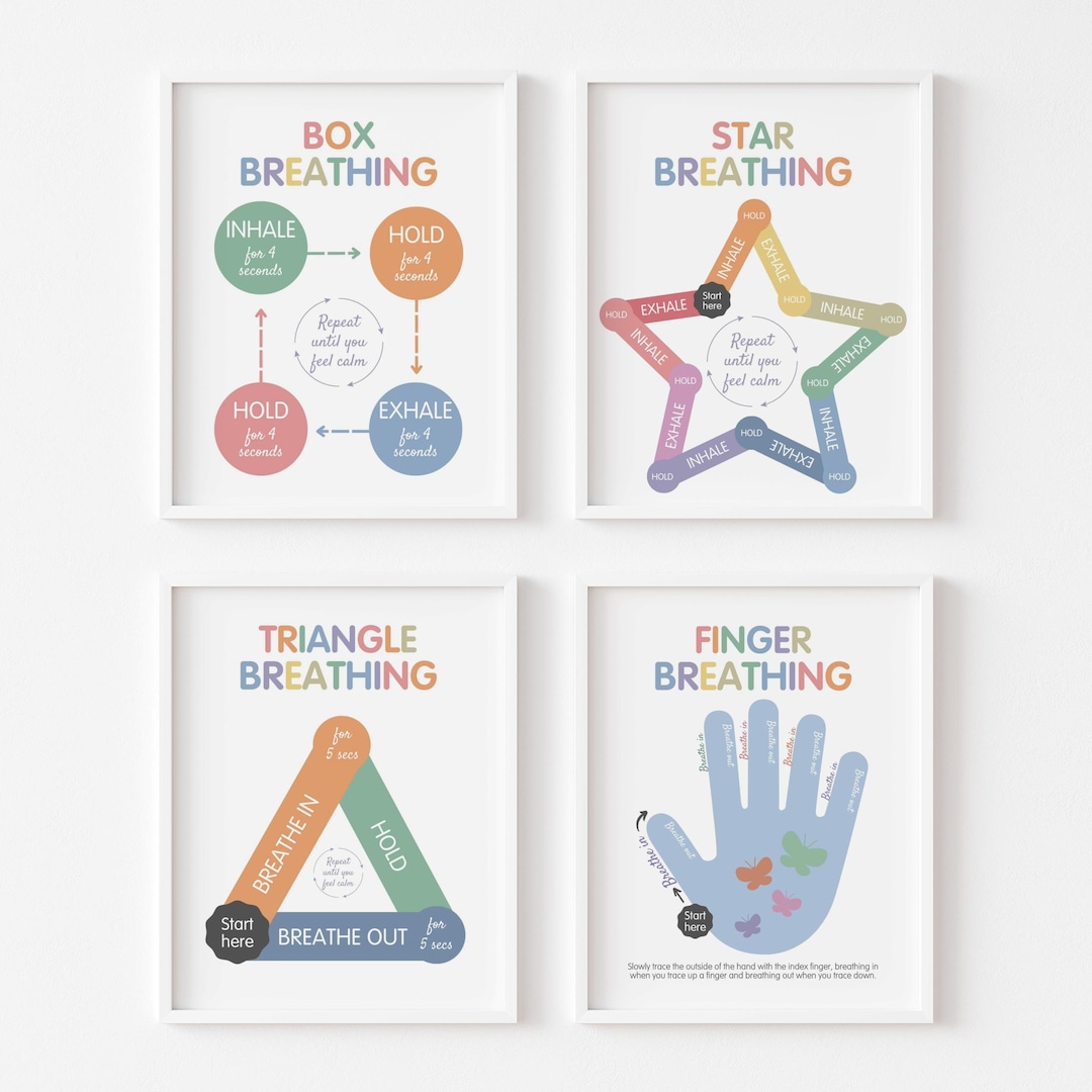 Breathing Technique Printable Poster Bundle, Set of 4 Calming Grounding ...