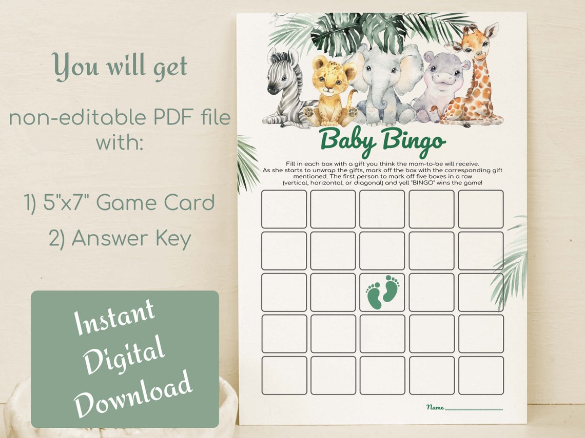 Safari Baby Bingo Game Printable - Jungle Baby Shower Games | Gender ...
