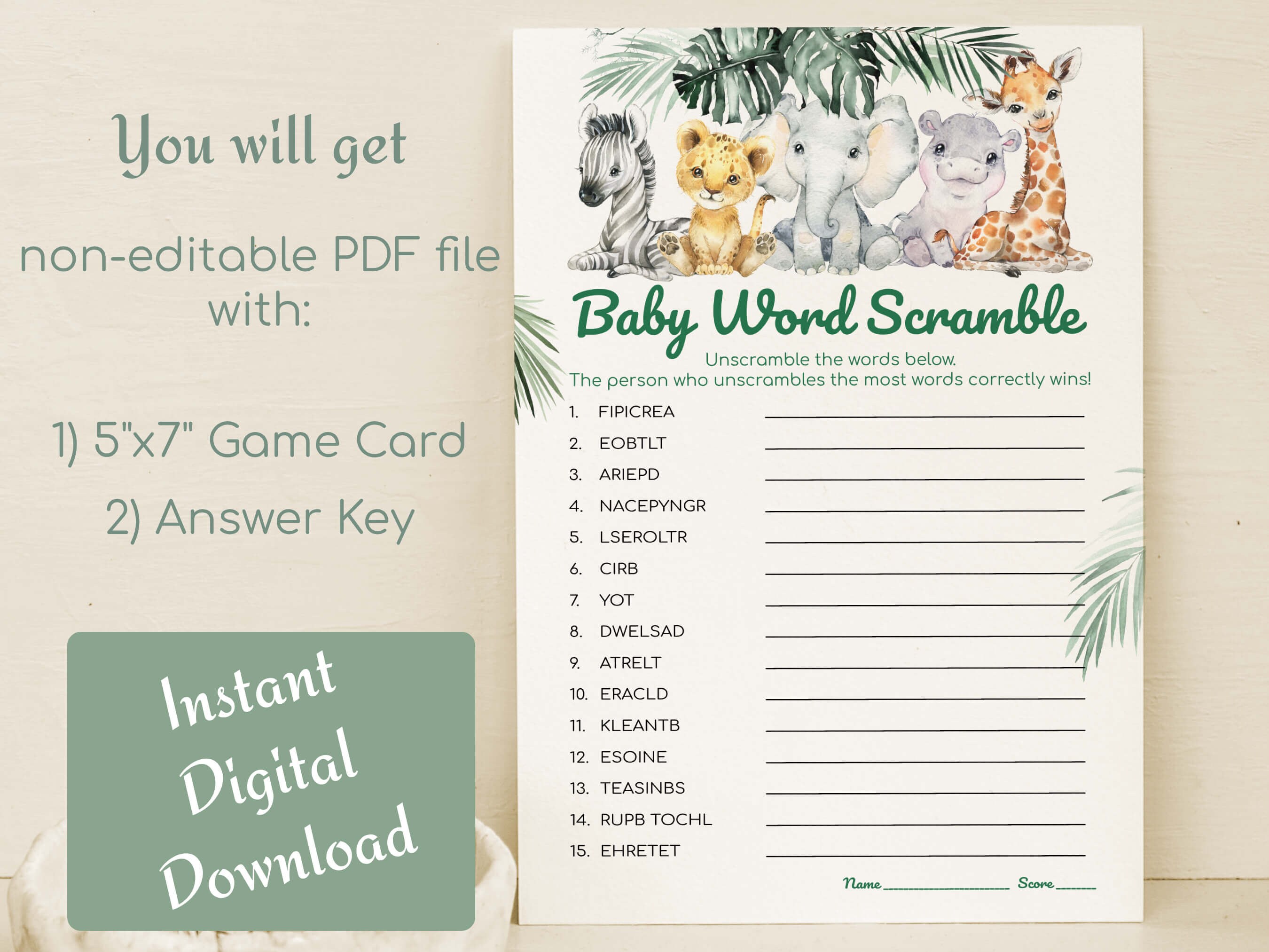 Safari Baby Shower Game Word Scramble Printable - Jungle Baby Shower ...