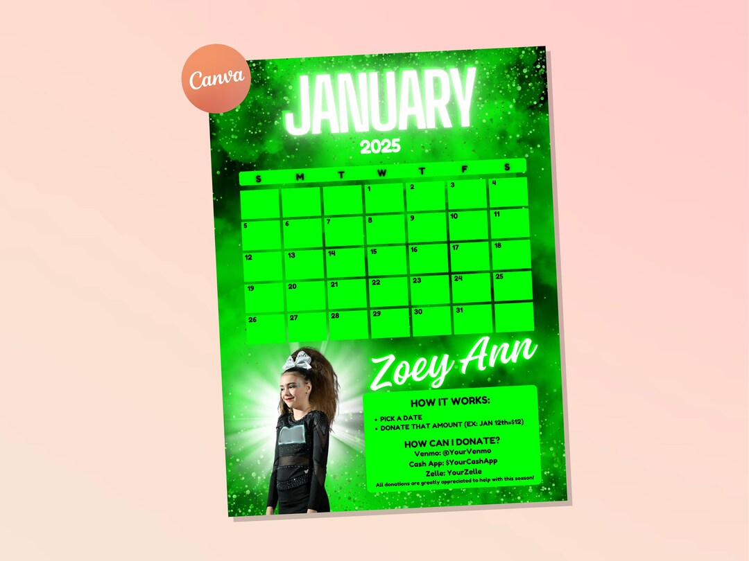 12 Month Neon Green Glitter Fundraising Calendar, Fundraiser Sheet ...