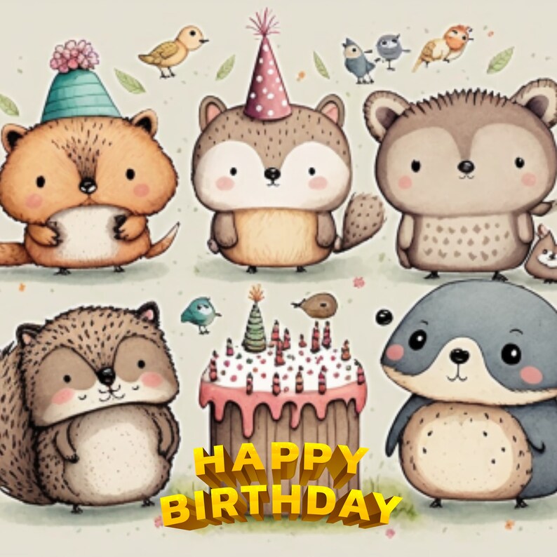 Happy Birthday Card, Cute Cartoon Animals Celebrating, Animals Having a ...