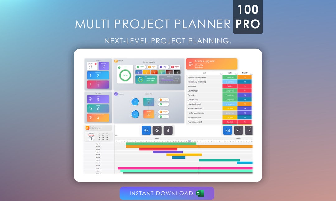 Multi Project Planner 100 Pro Management Dashboard | Excel Gantt Timeline & Kanban Board | Task ...