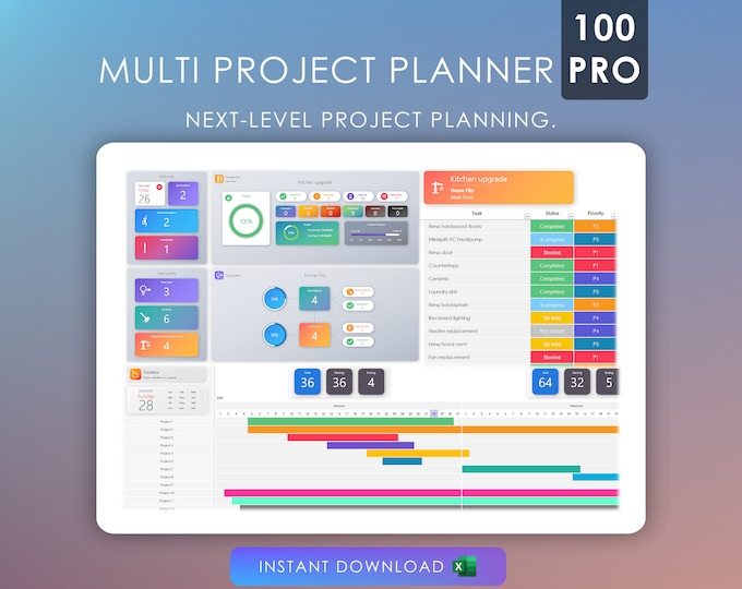 Multi Project Planner 100 Pro Management Dashboard | Excel Gantt ...
