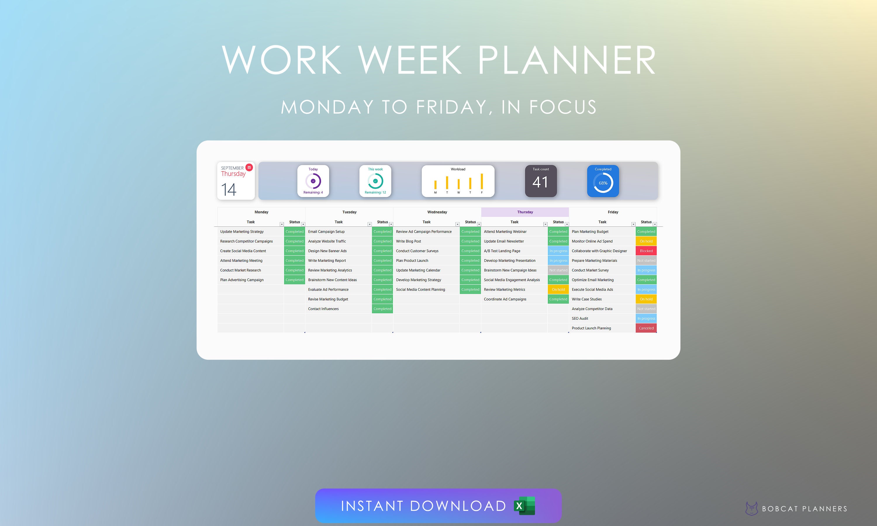Modern Work Week Task Planner | Excel | Mon-fri | Task & Project ...