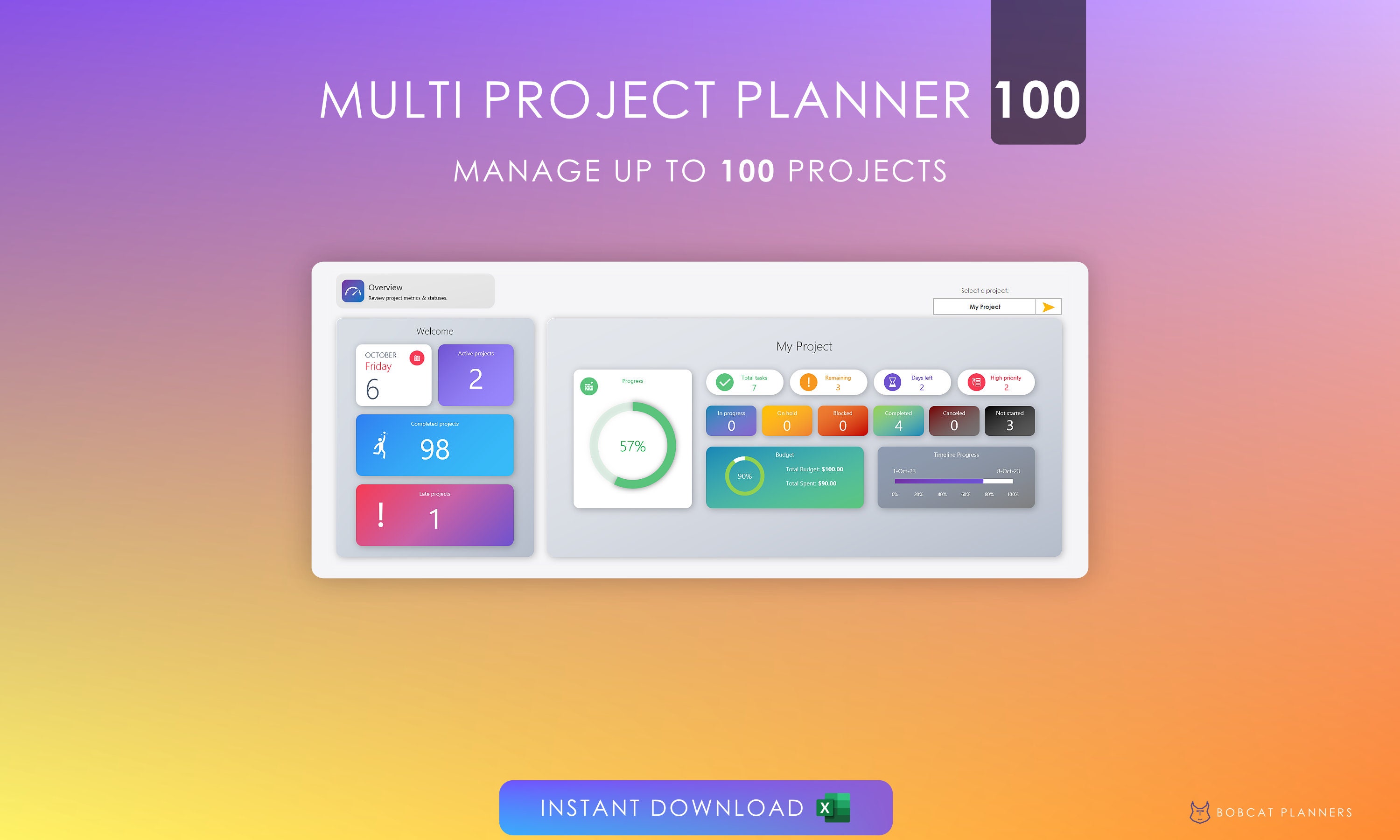 Multi Project Planner 100 Management Dashboard | Excel Template | Task ...