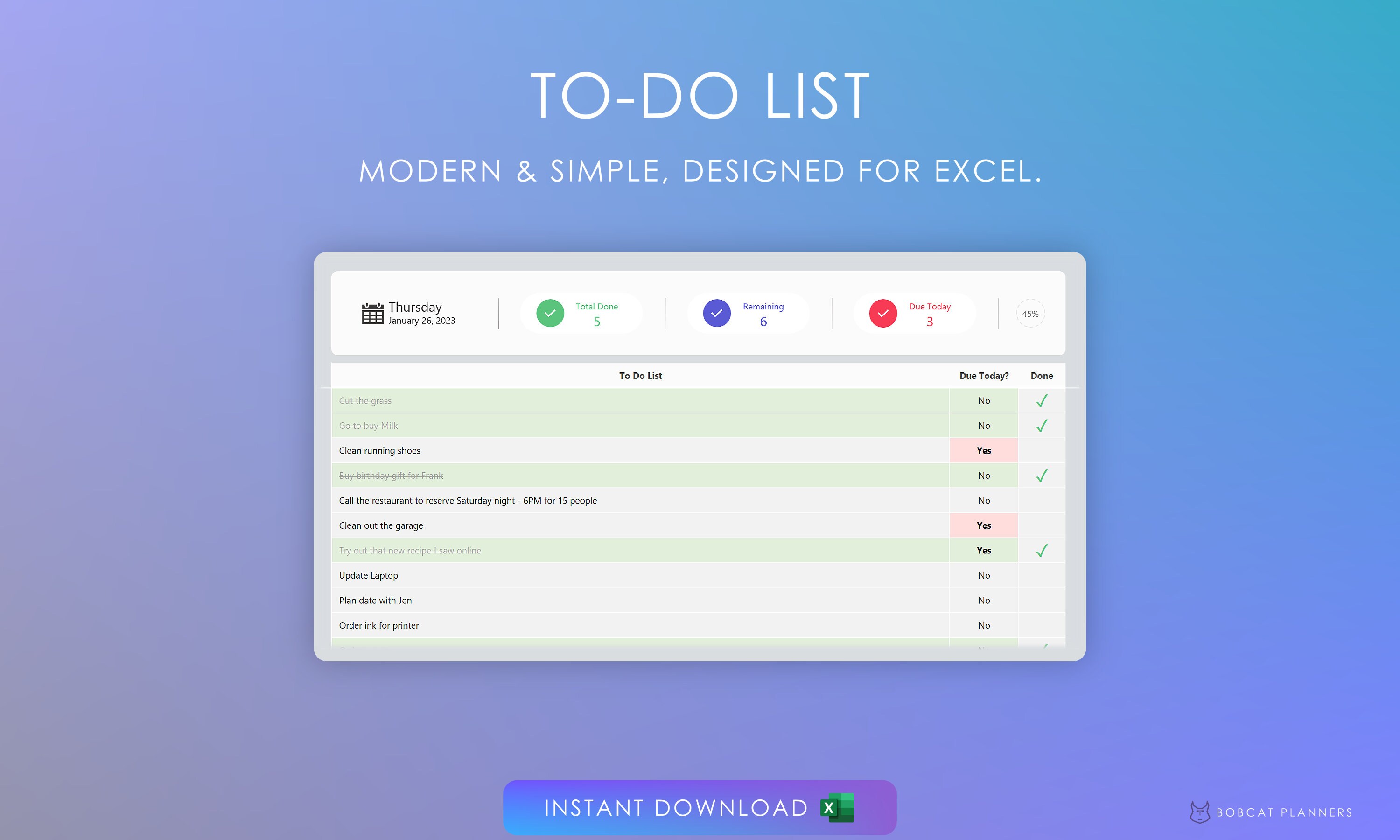 Excel To-do List Template Daily Task Manager Project - Etsy