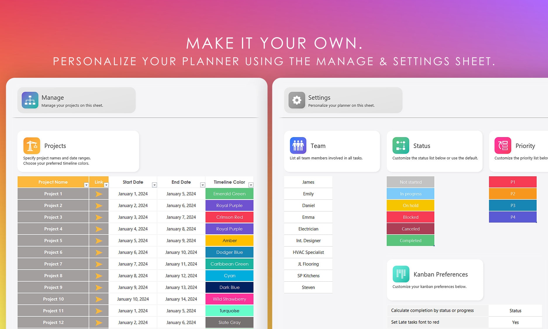 Multi Project Planner Pro Management Dashboard | Excel Gantt Timeline ...